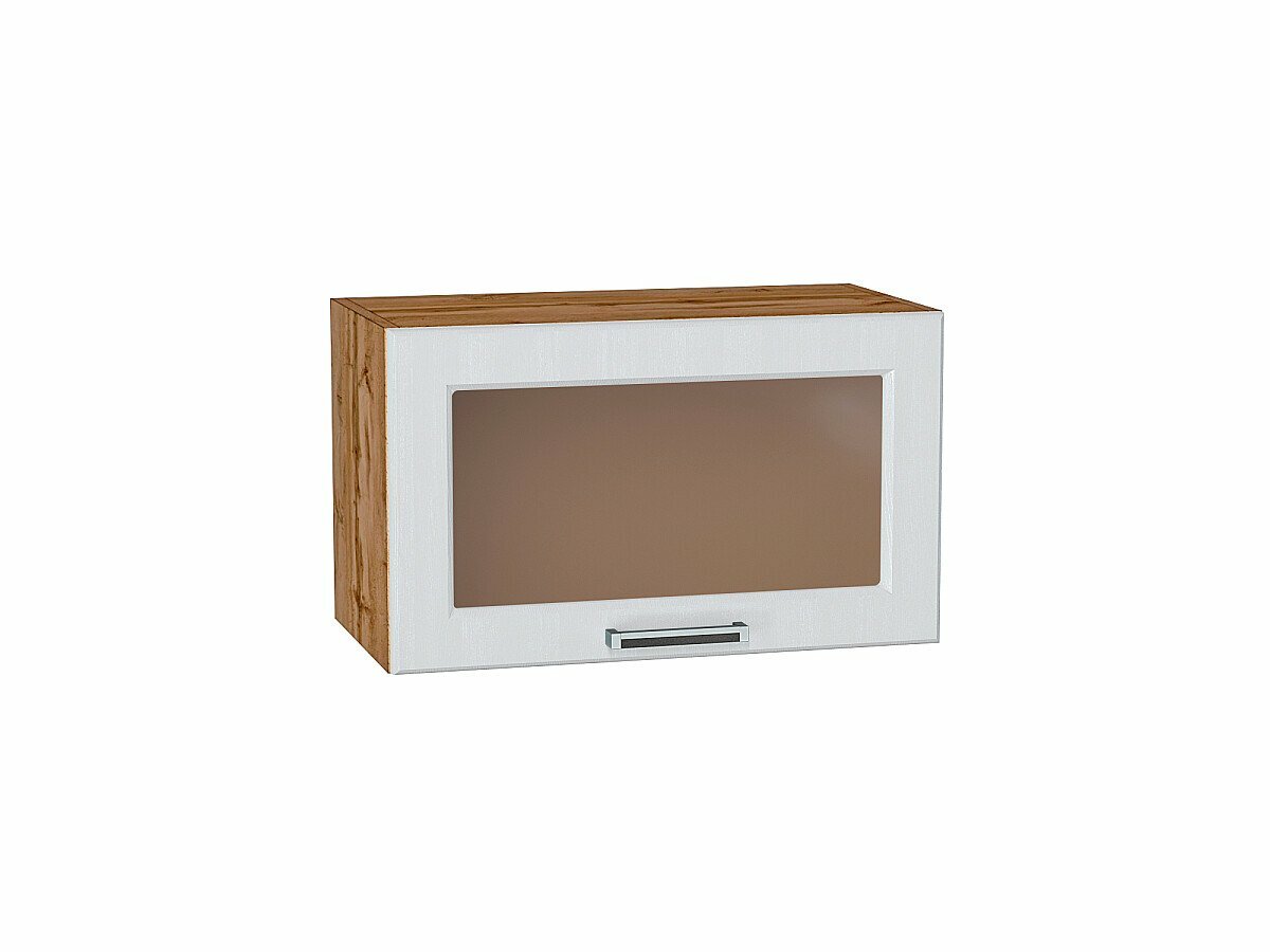 Шкаф верхний горизонтальный остекленный Прага, цвет фасада Белое дерево, цвет каркаса Дуб Вотан, стекло Сатинато белое, 358*600*318 мм