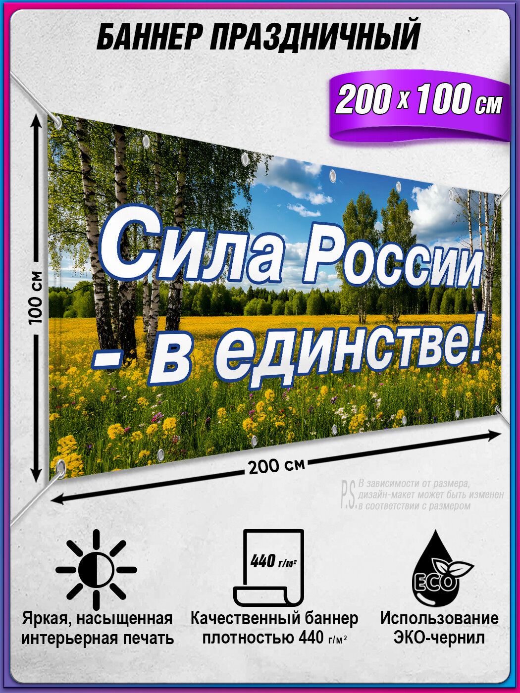 Универсальный баннер на 12 июня, День России "Сила России - в единстве!" / 2x1 м.