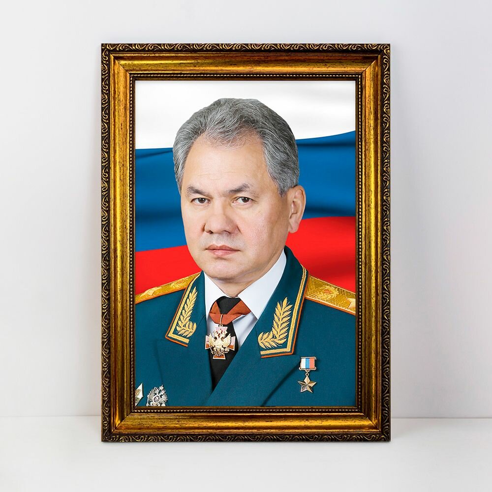 Портрет Шойгу С. К. в багетной рамке под золото / А-4 (21x30 см.)
