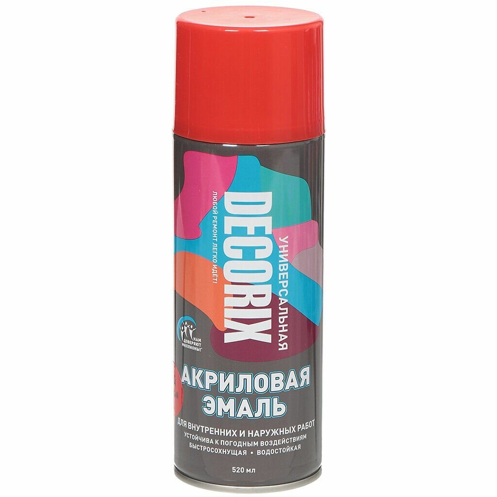 Эмаль DECORIX аэрозоль, универсальная, акрил, глянцевая, красная, A04, 520 мл