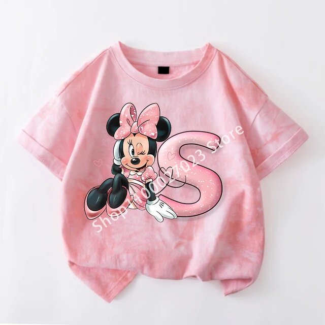Футболка с короткими рукавами и принтом букв Минни Маус для мальчиков и девочек Диснея в стиле тай-дай. Футболка с круглым вырезом. Милые подарки для детей.