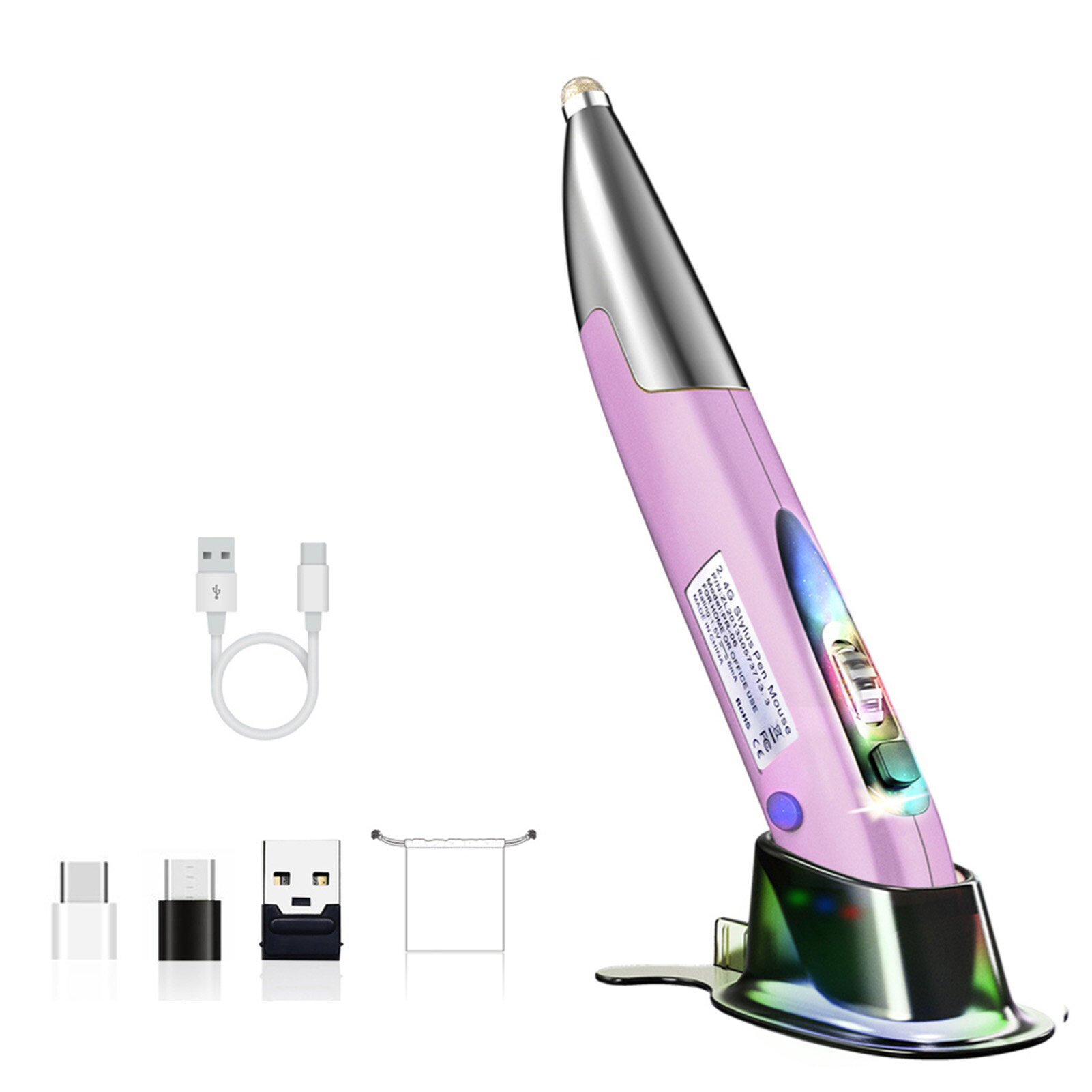 Оптическаямышь-ручка2,4ГГцдлялевойиправойруки, перезаряжаемая, беспроводная, карманная, сдвумяклавишами, фиолетовая.