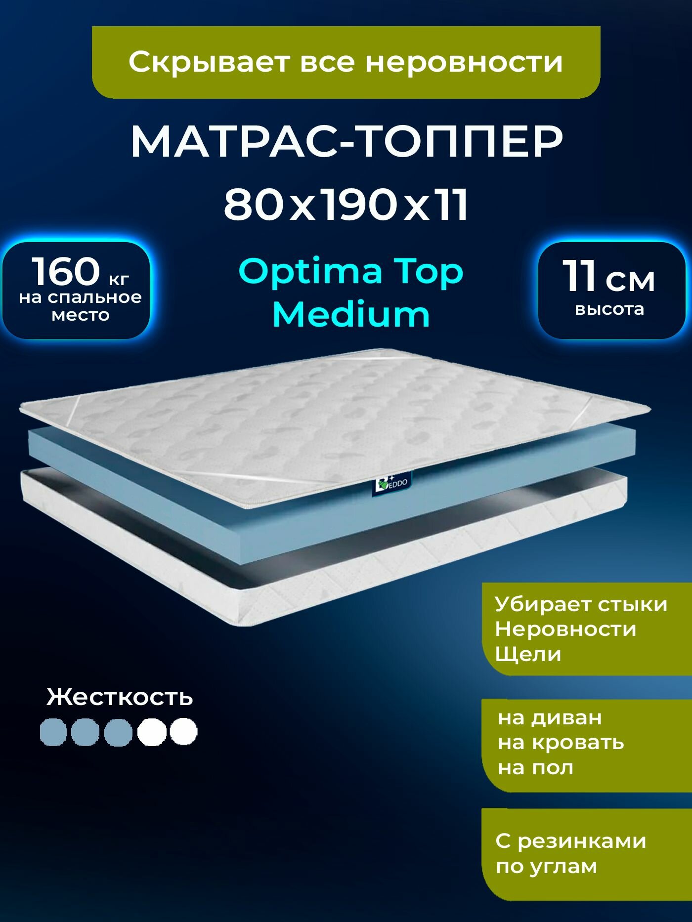 Топпер матрас 80х190 Optima Top Medium на диван, на кровать ортопедический с резинками