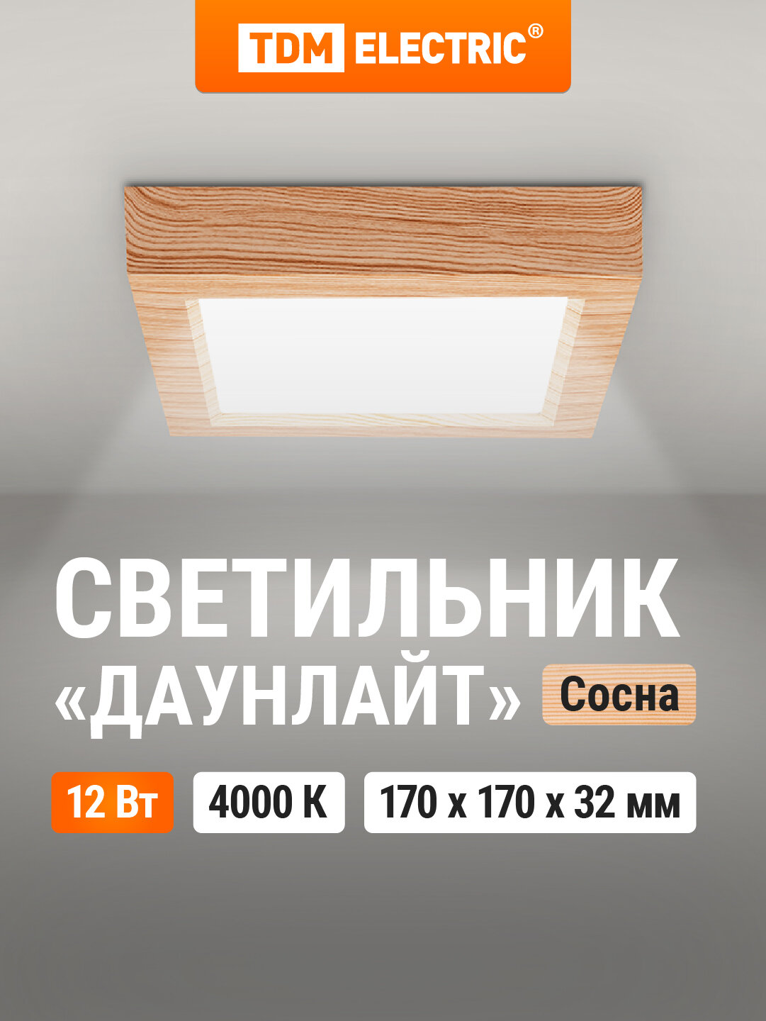 Светильник светодиодный потолочный накладной квадрат "Даунлайт" СПО (сосна) 12 Вт 170*170*32 мм 4000К TDM Electric