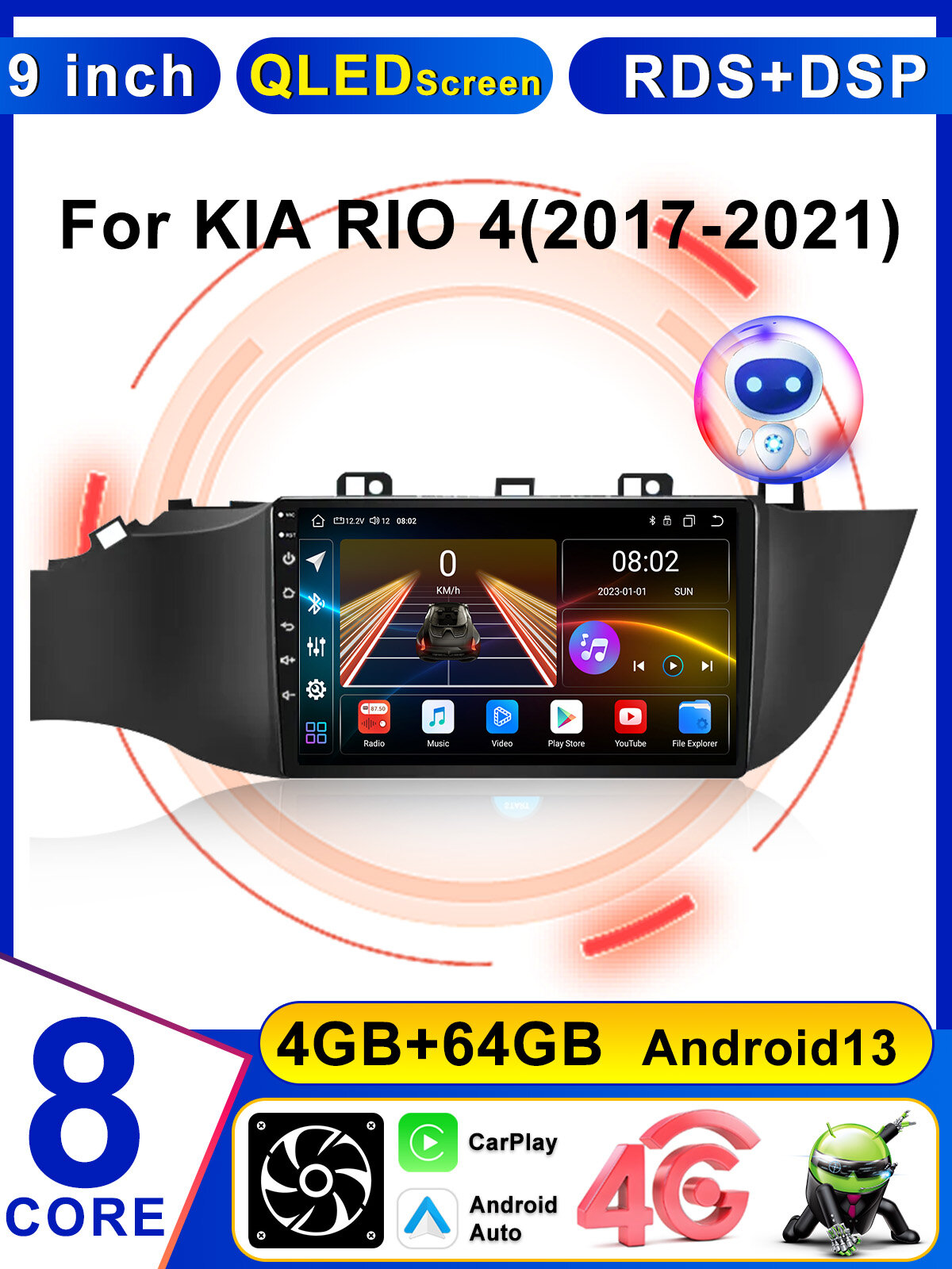 Магнитола для Автомагнитол KIA RIO 4 2017-2021 2 DIN Android Auto Carplay 9-дюймовое головное устройство Android FM RDS WIFI