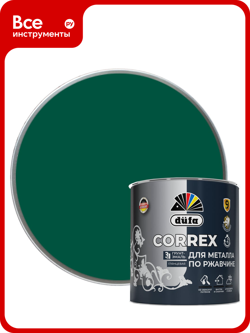 Грунт-эмаль Dufa CORREX 3 в 1 для металла по ржавчине RAL-6005 зеленый мох 2 л МП00-013740