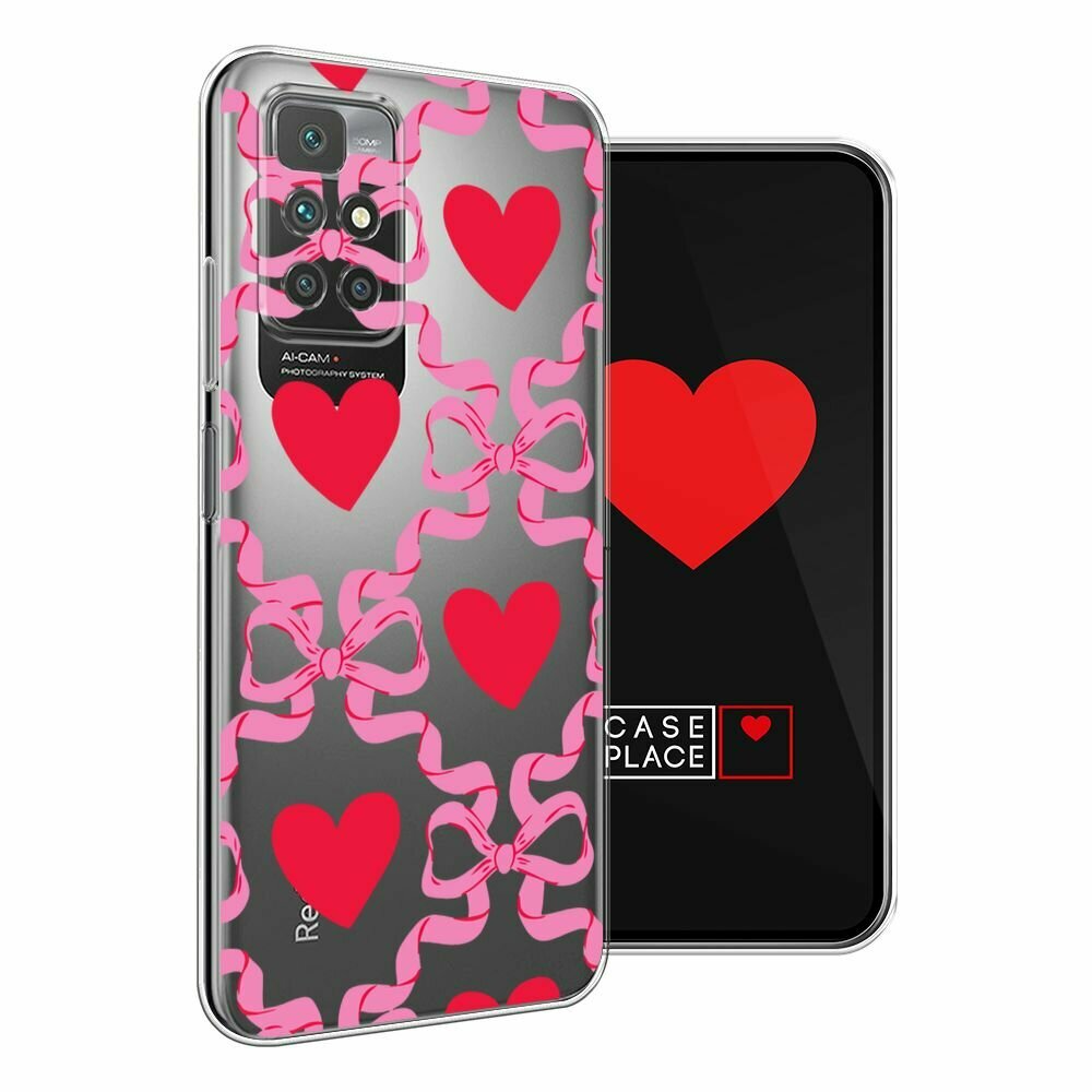 Чехол на Xiaomi Redmi 10 / Сяоми Редми 10 с принтом "Hearts and ribbons 2 - 14 февраля", прозрачный — фото 1
