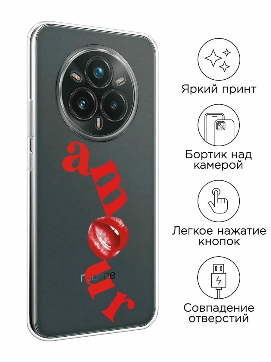 Чехол на Realme 14 Pro / Реалми 14 Про с принтом "Amour lips - 14 февраля", прозрачный — фото 1