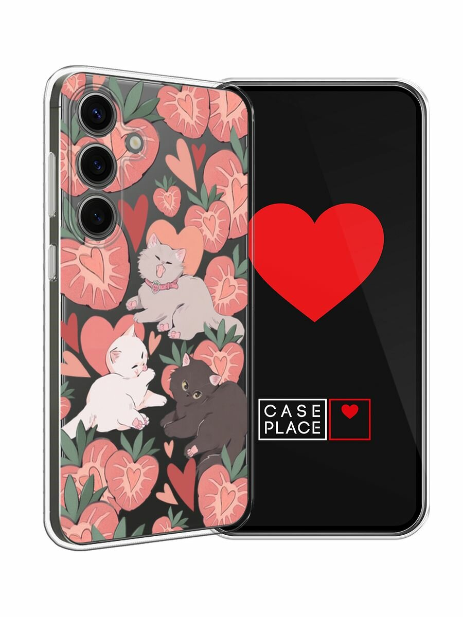 Чехол на Samsung Galaxy S25 / Самсунг S25 с принтом "Клубничные котики", прозрачный — фото 1