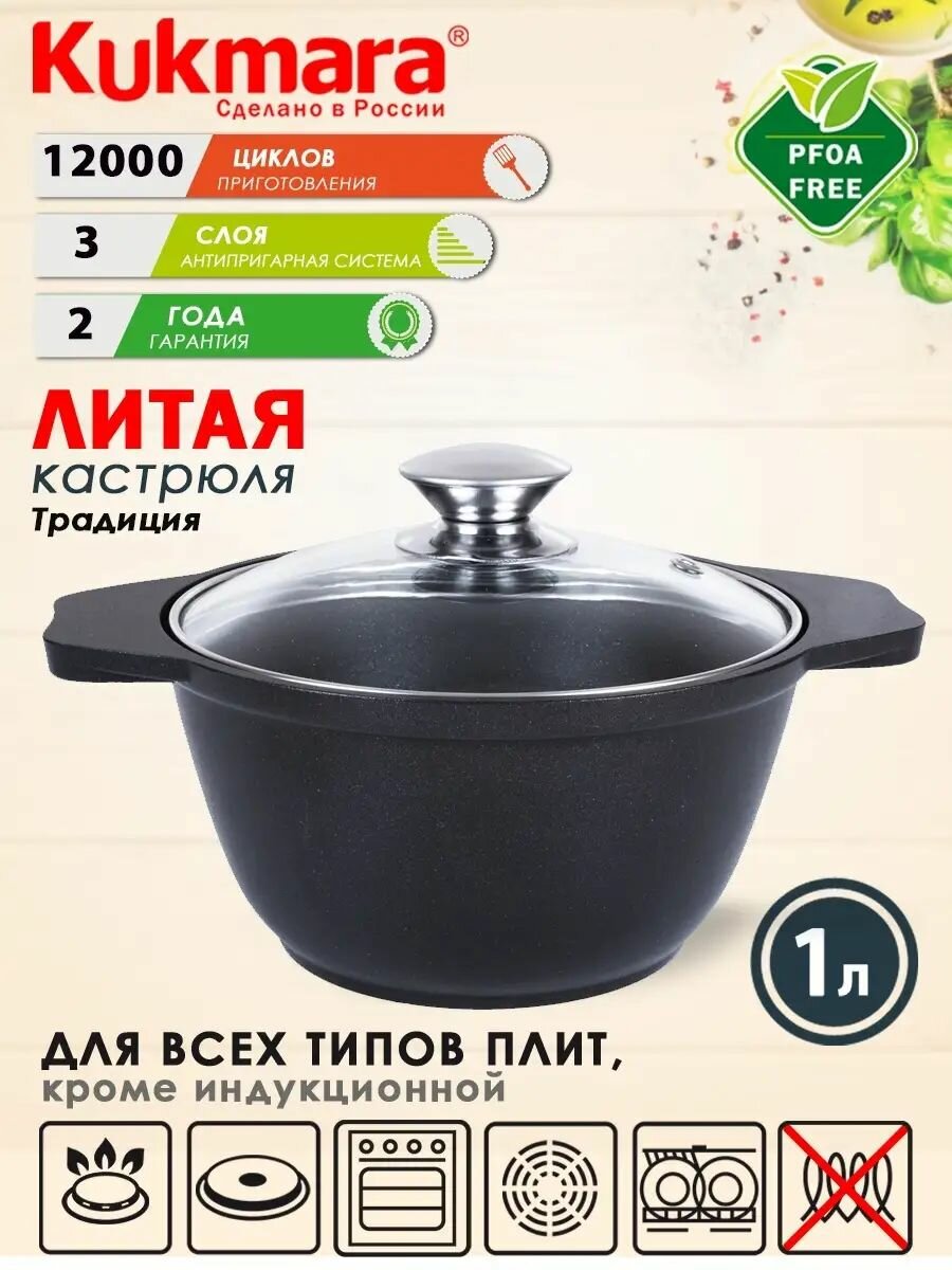 Кастрюля 1 литр Кукмара с антипригарным покрытием