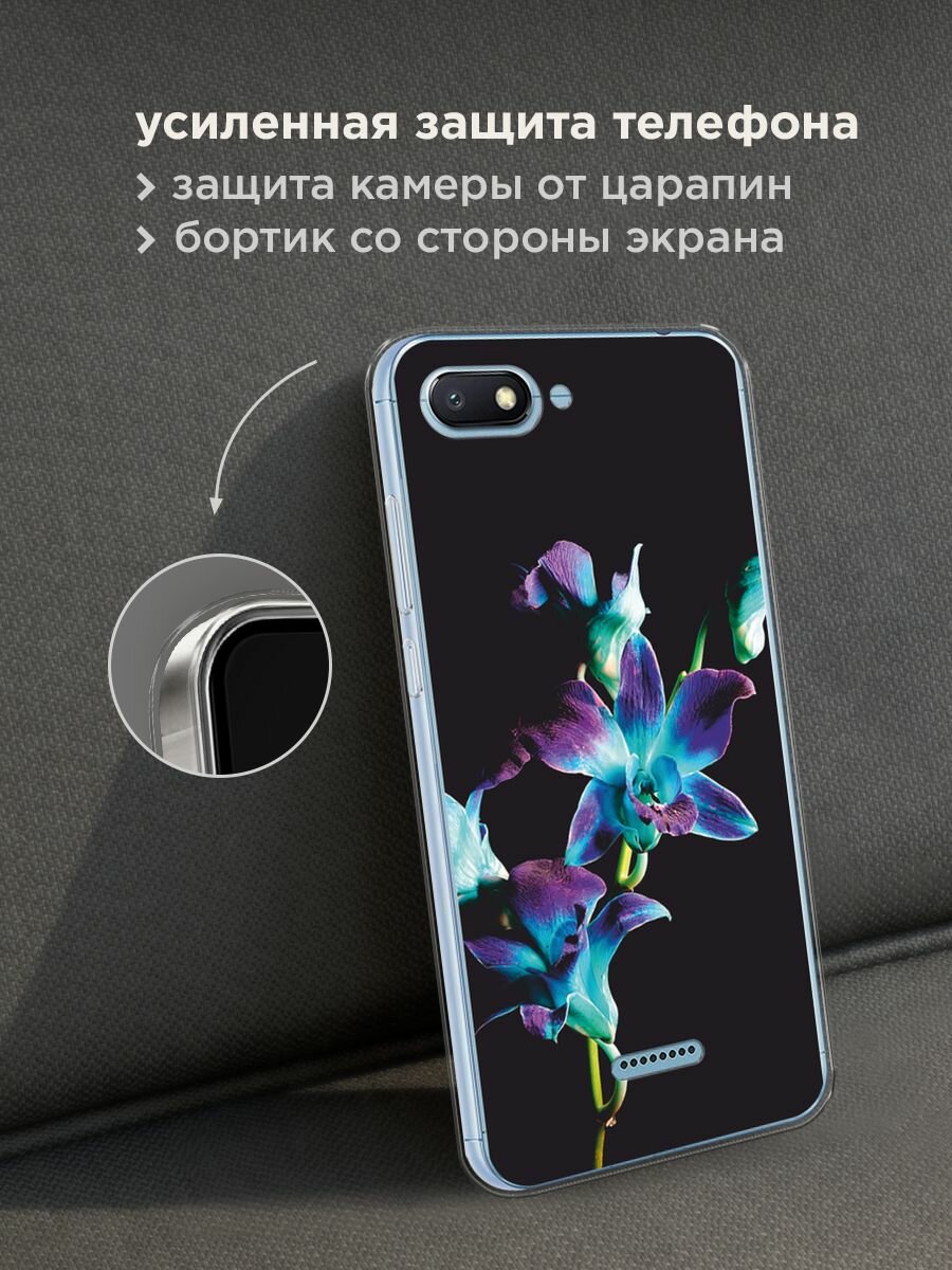 Чехол на Xiaomi Redmi 6A / Сяоми Редми 6А с принтом "Синий цветок на черном" — фото 1