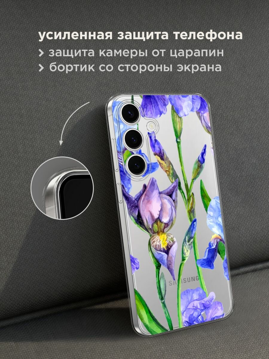 Чехол на Samsung Galaxy S25 FE / Самсунг S25 Фе с принтом "Синие ирисы", прозрачный — фото 1