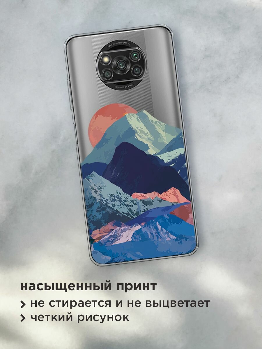 Чехол на Xiaomi Poco X3/X3 Pro / Поко X3/X3 Pro с принтом "Закат в снежных горах", прозрачный — фото 1