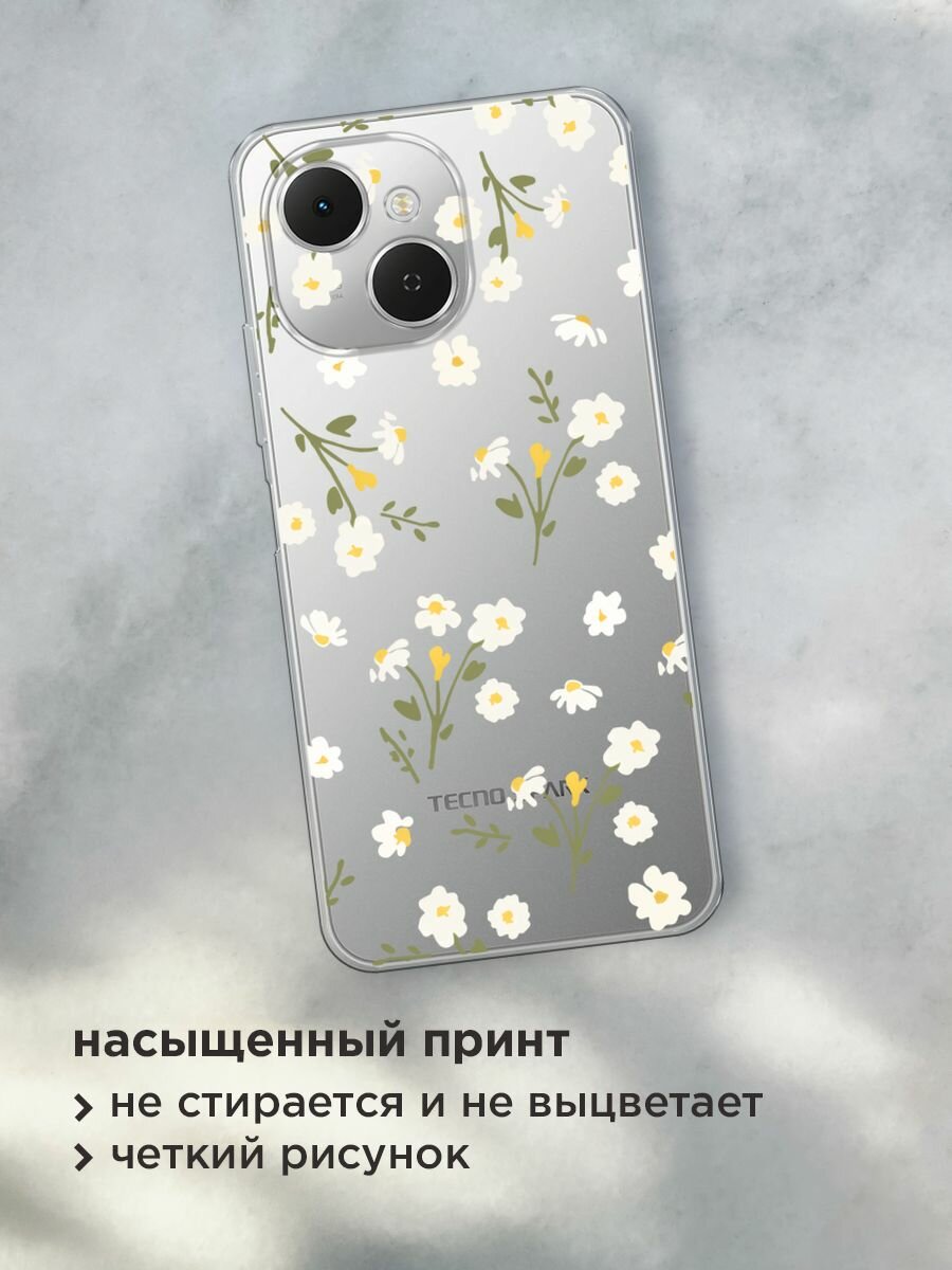 Чехол на Tecno Spark 40C / Текно Спарк 40C с принтом "Пучки ромашек паттерн", прозрачный — фото 1
