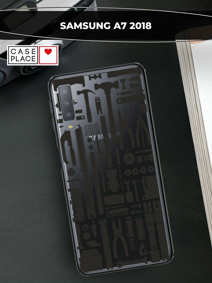 Чехол на Samsung Galaxy A7 2018 / Самсунг Галакси А7 2018 с принтом "Черные инструменты", прозрачный