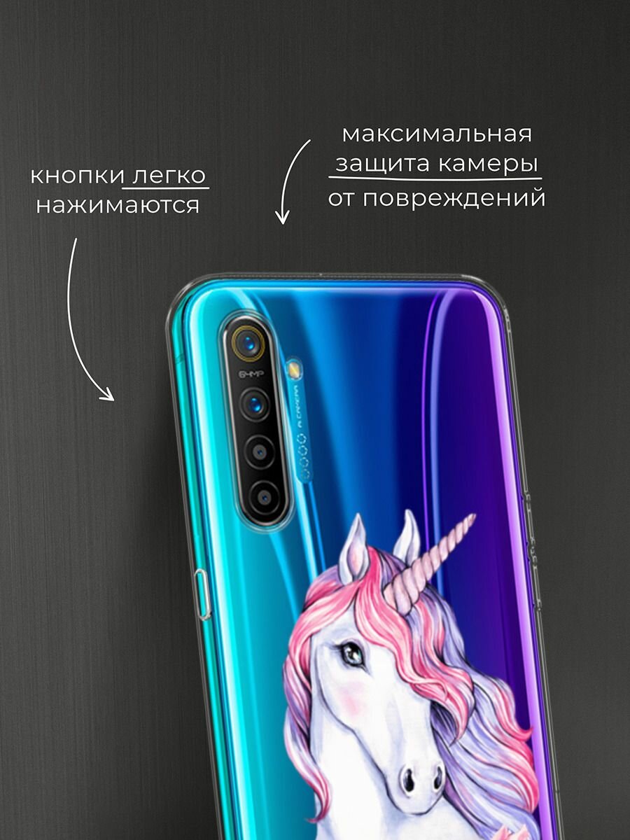 Чехол на Realme XT / Реалми XT с принтом "Единорог с пионами", прозрачный — фото 1