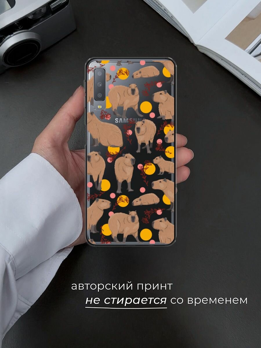 Чехол на Samsung Galaxy A7 2018 / Самсунг Галакси А7 2018 с принтом "Капибара паттерн", прозрачный — фото 1
