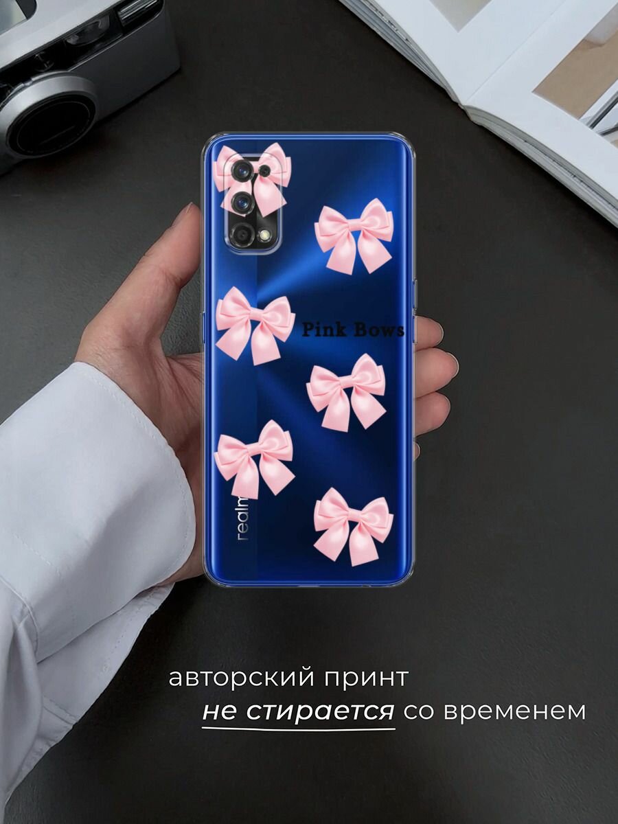 Чехол на Realme 7 Pro / Реалми 7 Про с принтом "Pink Bows", прозрачный — фото 1