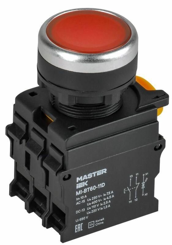Кнопка d22мм 1НО+1НЗ MASTER с подсветкой красн. IEK MI-BT60-11D-3-12-K04
