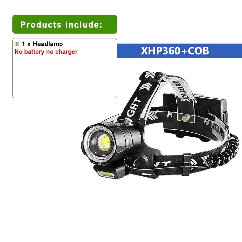 Налобный фонарь XHP360+COB, черный, без аккумулятора