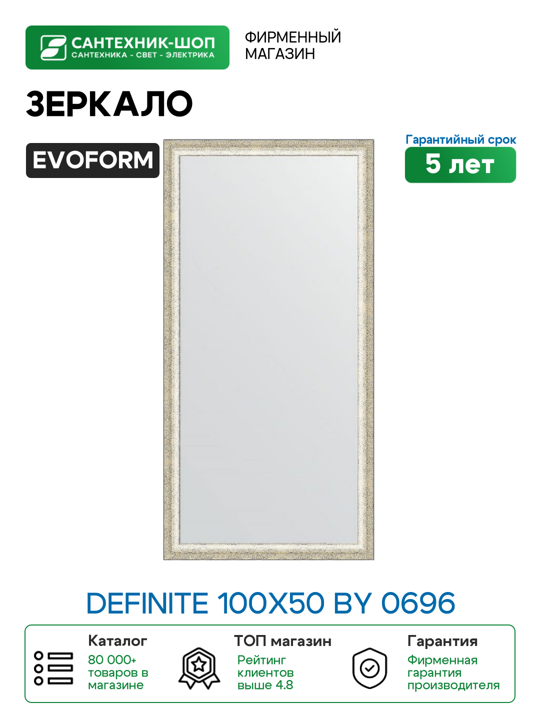 Зеркало Evoform Definite 100х50 BY 0696 в багетной раме - Состаренное серебро 37 мм