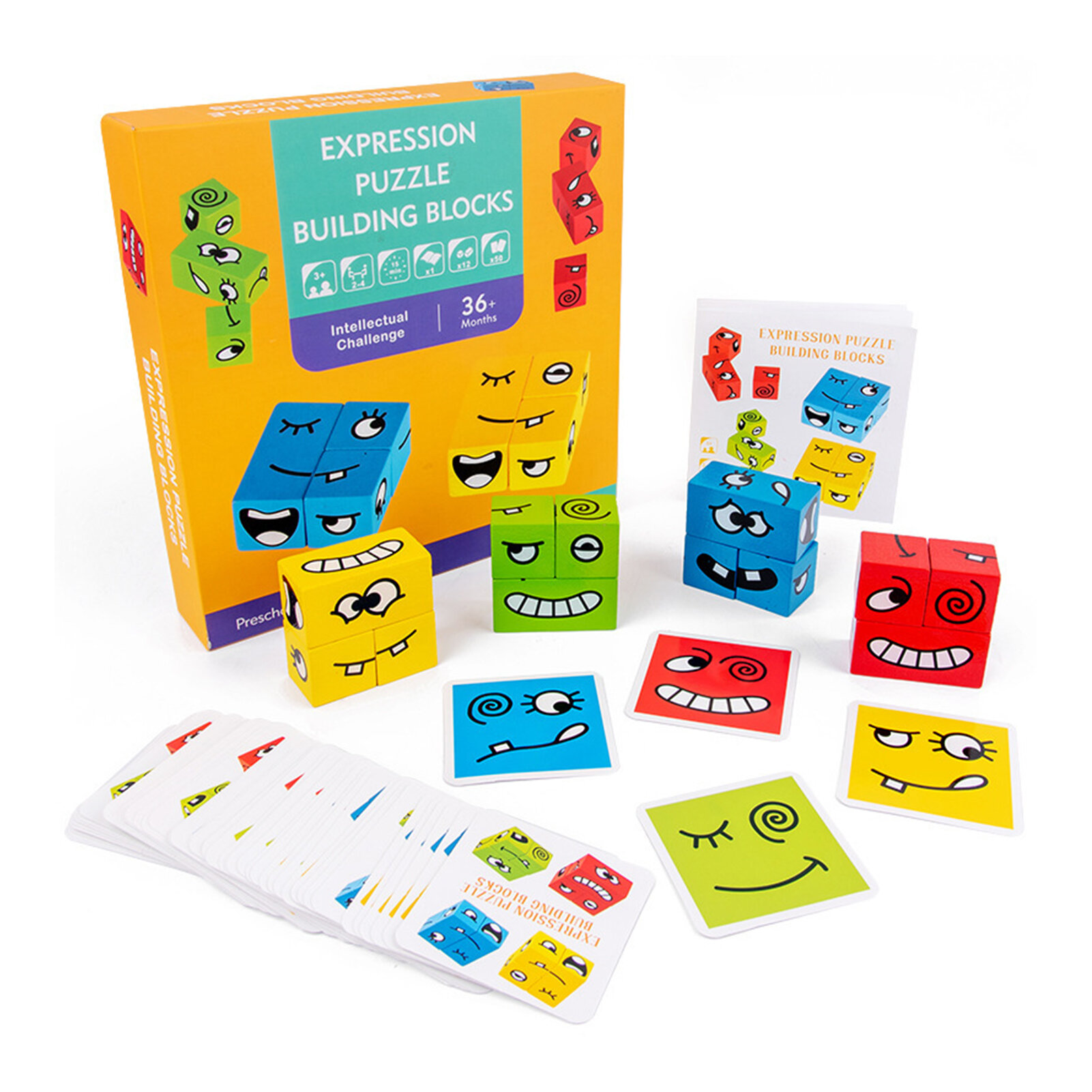 Игрушка деревянная для детей Puzzle Face-Changing Building Block Logical Thinking Training Block Parent-Child Table Game для мальчиков и девочек 3+ лет, материал дерево, размер упаковки 20*20*3.5см, вес 430г, в комплект входит 1шт Wooden Expression Puzzle