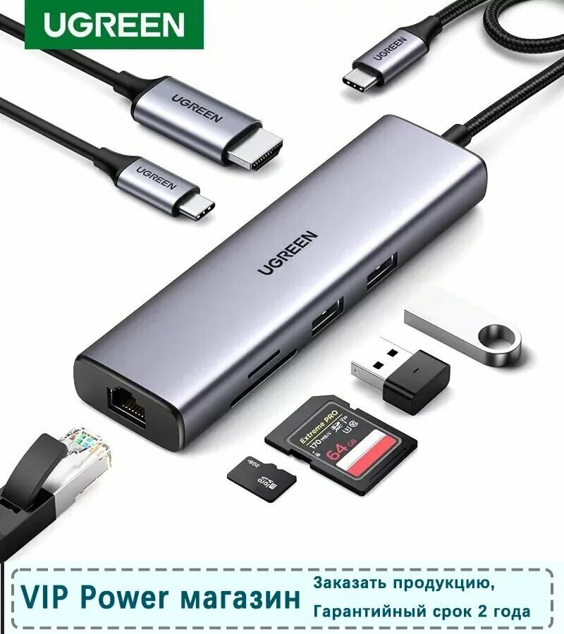 Конвертер UGREEN CM512 (90568) 7-in-1 USB-C to 2xUSB3.0, HDMI, RJ45, SD&TF, PD Port Converter
