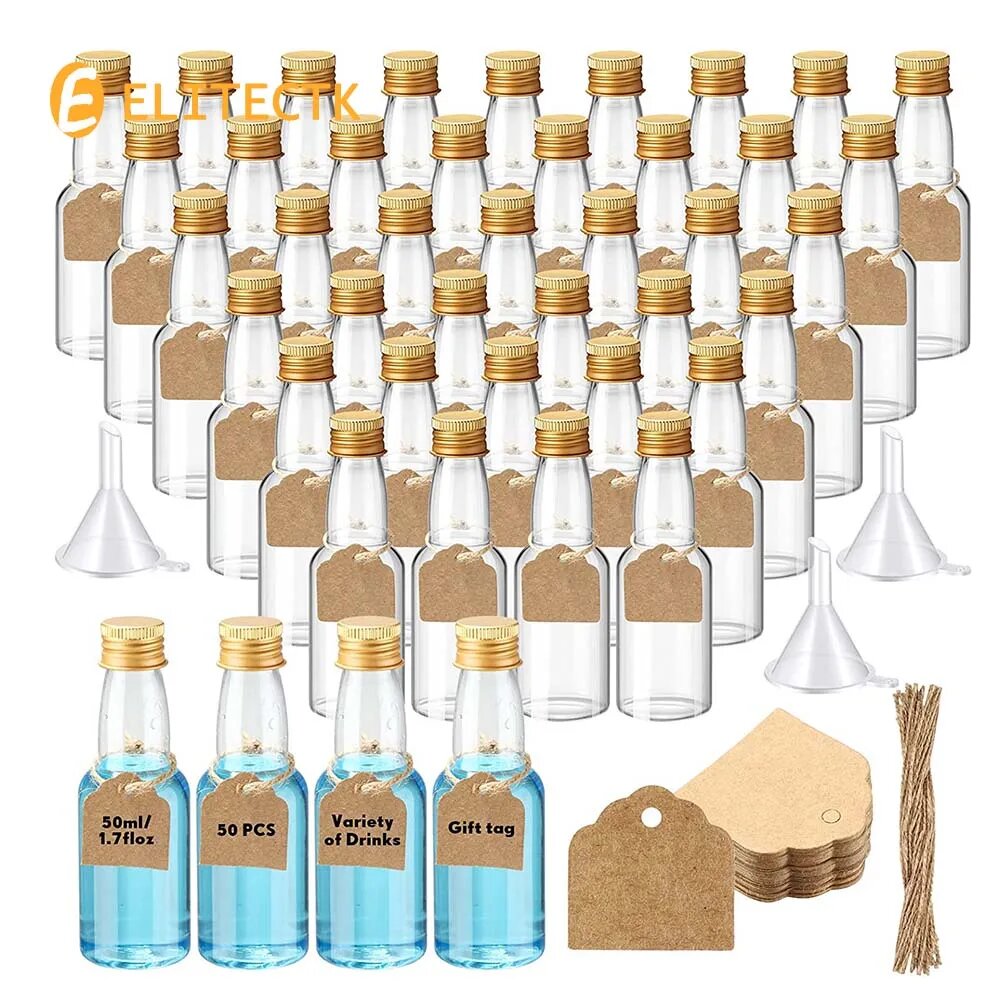 Мини-бутылки для водки и шампанского, пластик, 50 шт. Gold cap set