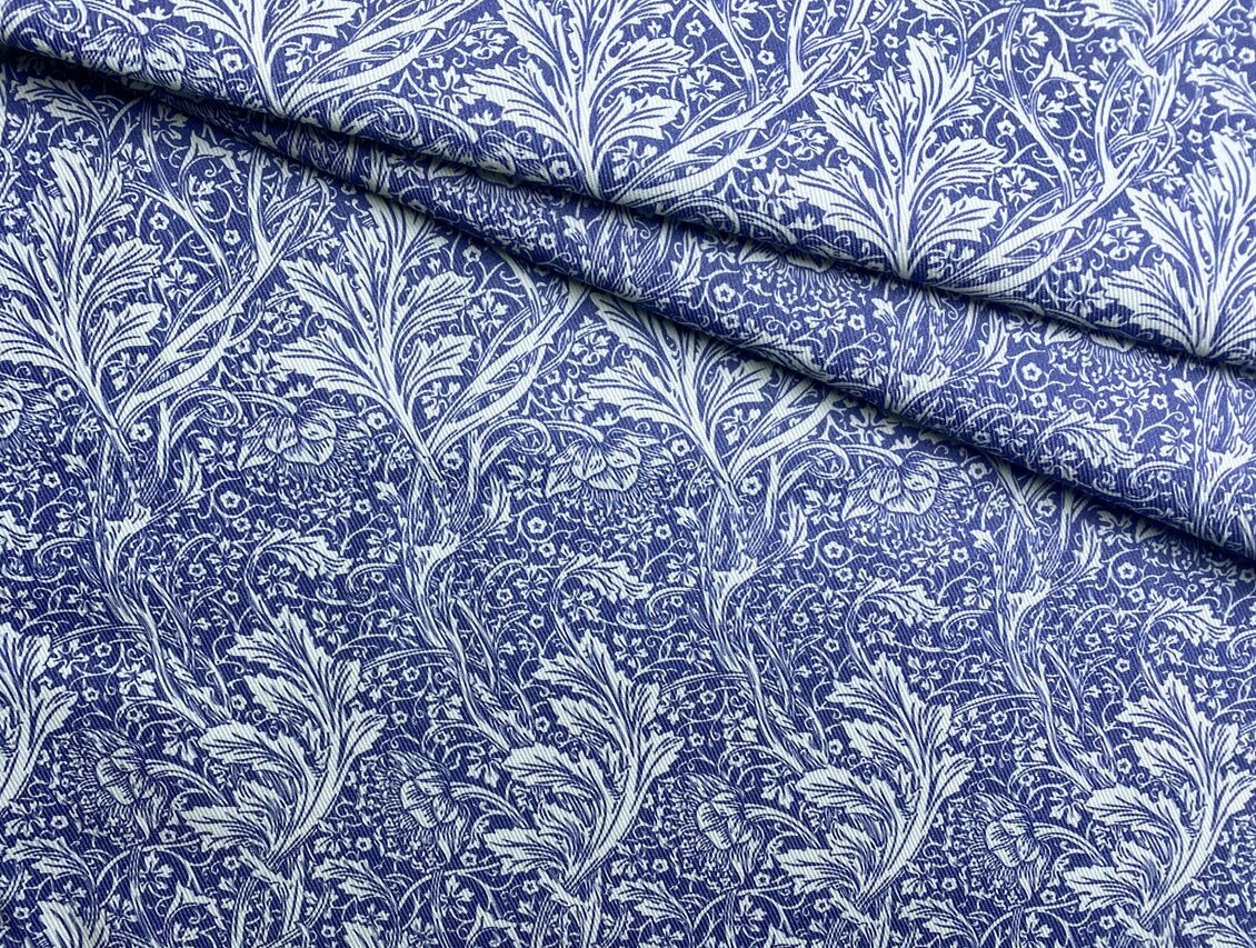 Ткань Джинса синего цвета с принтом листья 12696