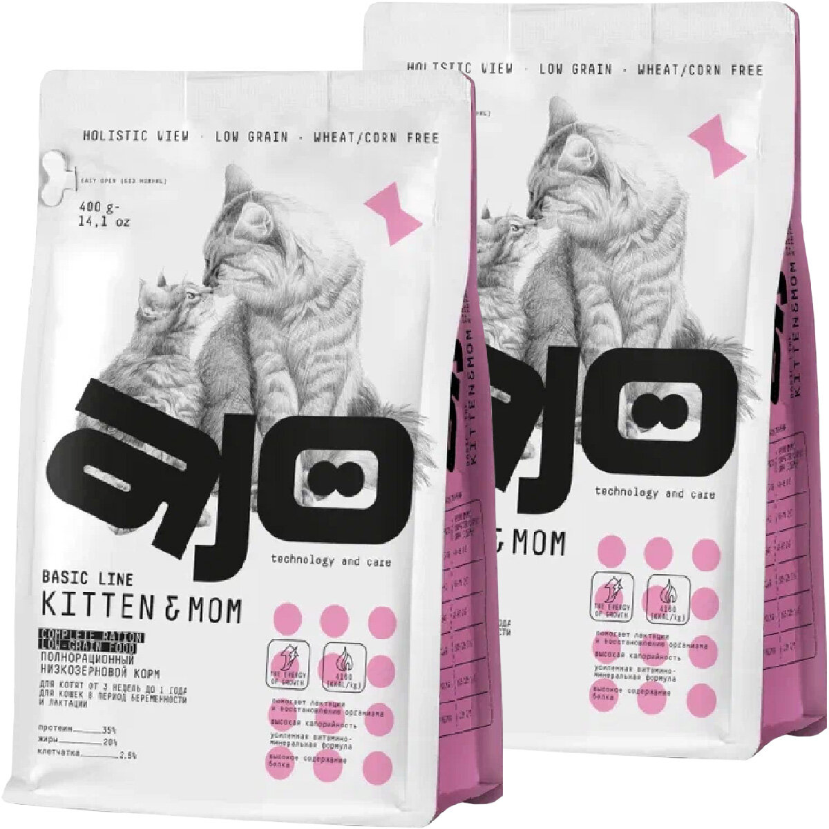 Корм сухой Ajo Cat Basic Line Kitten & Mom низкозерновой для котят, беременных и кормящих кошек, индейка, 0,4 кг х 2 шт