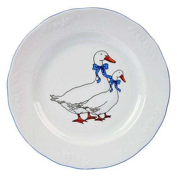Тарелка «Надежда» Гуси мелкая, фарфор, 24 см, белый, синий (Добрушский фарфоровый завод)