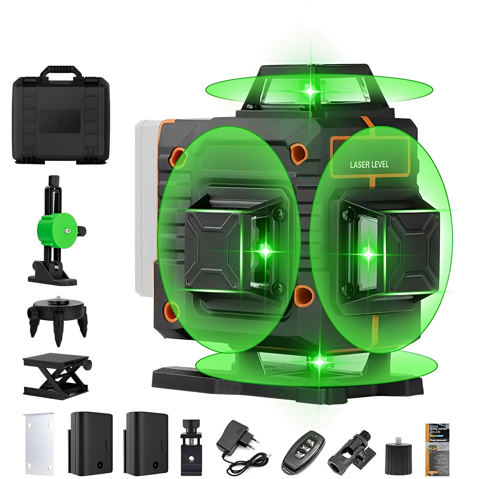 4D 16 Lines Green Laser Level 360° Self-Leveling с 2 батарейками, регулируемой яркостью и пультом дистанционного управления, для плитки пола, строительных работ и вешалки картин, Class II, точность ±0,2 мм/м, рабочий диапазон 20 м, материал ABS, размер