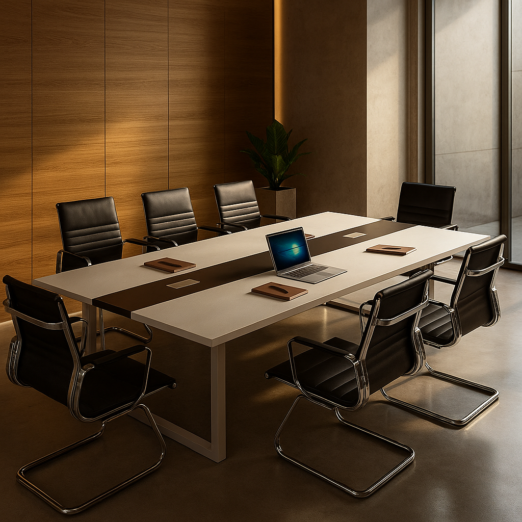 Стол для переговоров 100×240 см, металлическое подстолье, белая столешница с чёрным центром