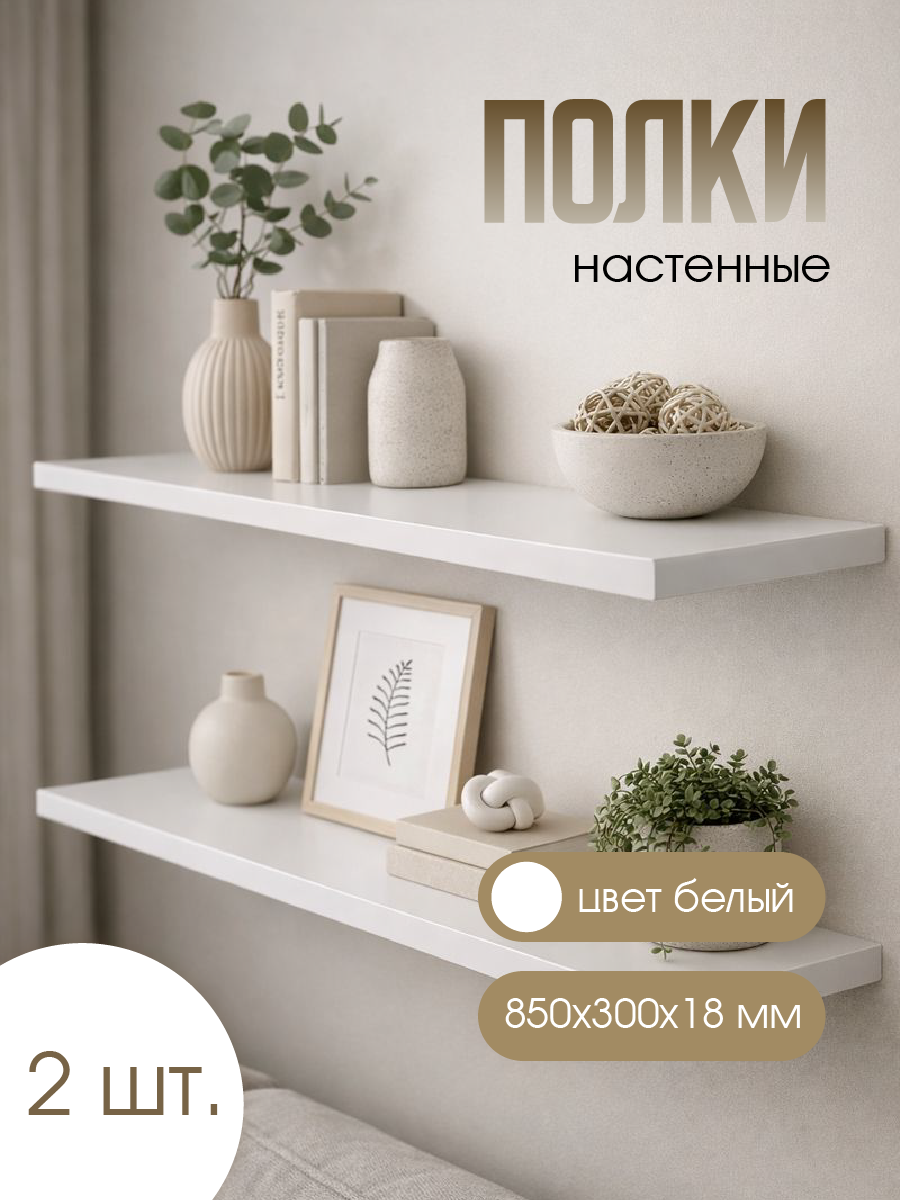 Подвесные полки, 30x85 см, толщина 18мм. Полки в шкаф. скрытое итальянское крепление, белые. 2 шт