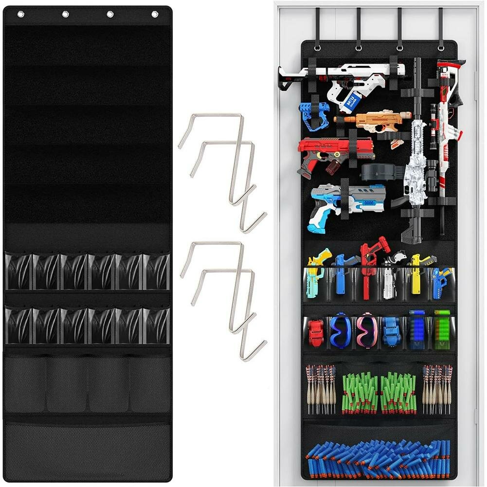 GEKUPEM Навесной органайзер для игрушечного оружия, дверная подвеска для хранения игрушек с карманами и отделениями для детских поролоновых бластеров, дротиков, защитных очков, игровых комнат