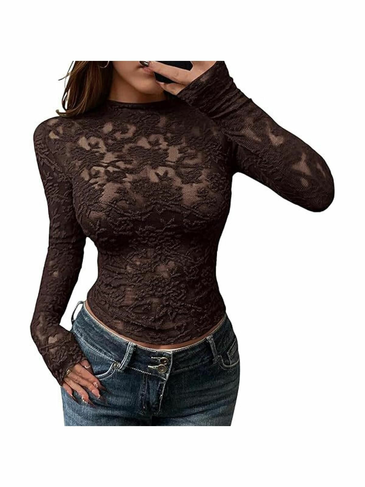 Женская блузка с длинным рукавом и цветочным узором, Коричневый - L