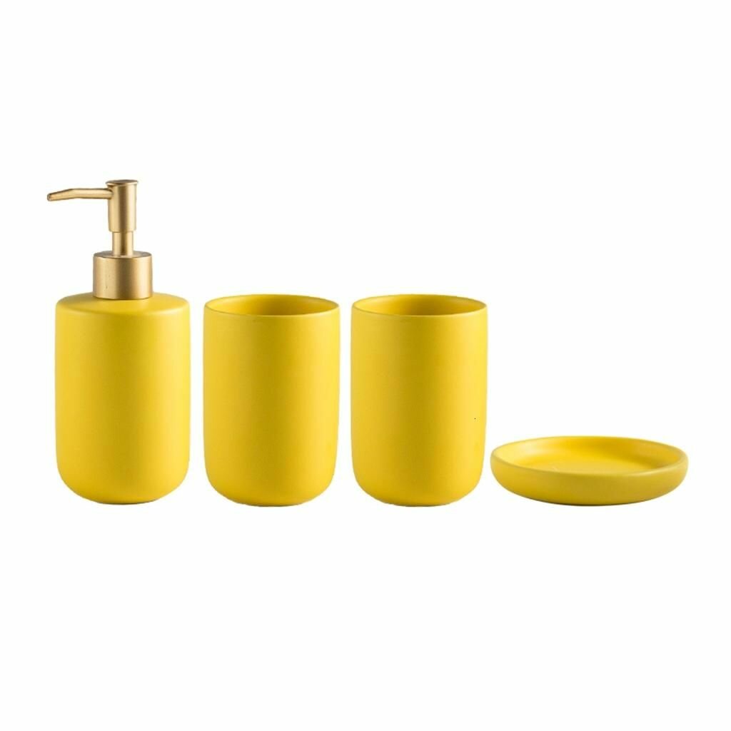 Однотонный керамический набор из четырех частей для ванной комнаты-набор из четырех частей-желтый