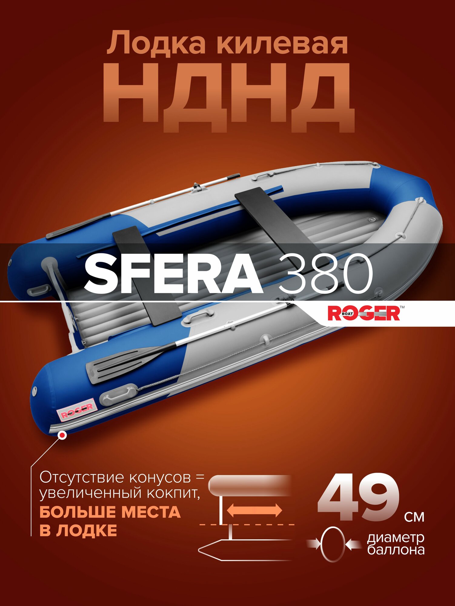 Лодка ПВХ под мотор ROGER Sfera 380, надувная для рыбалки НДНД килевая (серый-синий)