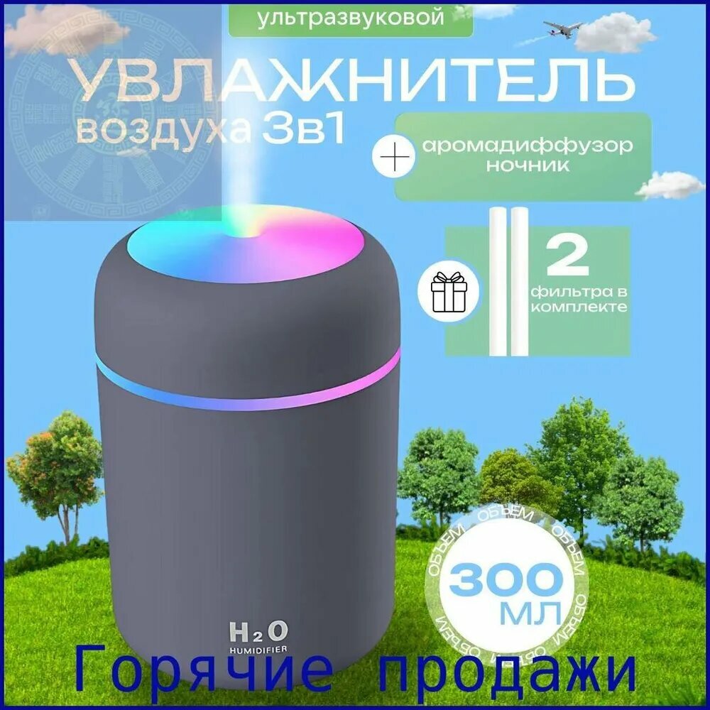 Увлажнитель воздуха мини с подсветкой, в комплекте с фильтром, для дома, для новорожденных, для автомобиля, для цветов, серый