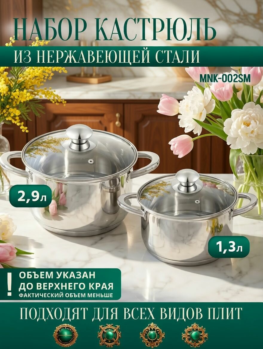 Набор Кастрюль С Крышкой И Толстым Дном Для Кухни и Готовки. Маленьких, Больших Из Нержавеющей Стали Для Газовых, Электрических, Индукционных Плит. 2шт