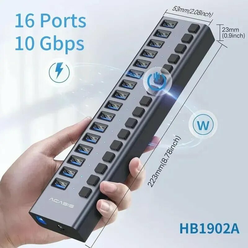 Концентратор USB 3.1 ACASIS 16 портов алюминиевый с блоком питания 90 Вт скорость передачи 10 Гбит/с