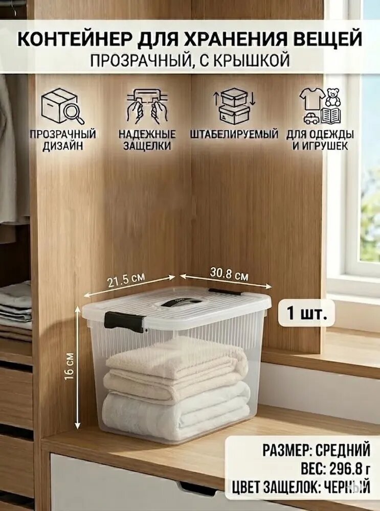 Контейнер для хранения вещей длина 30.8 см, ширина 21.5 см, высота 16 см.
