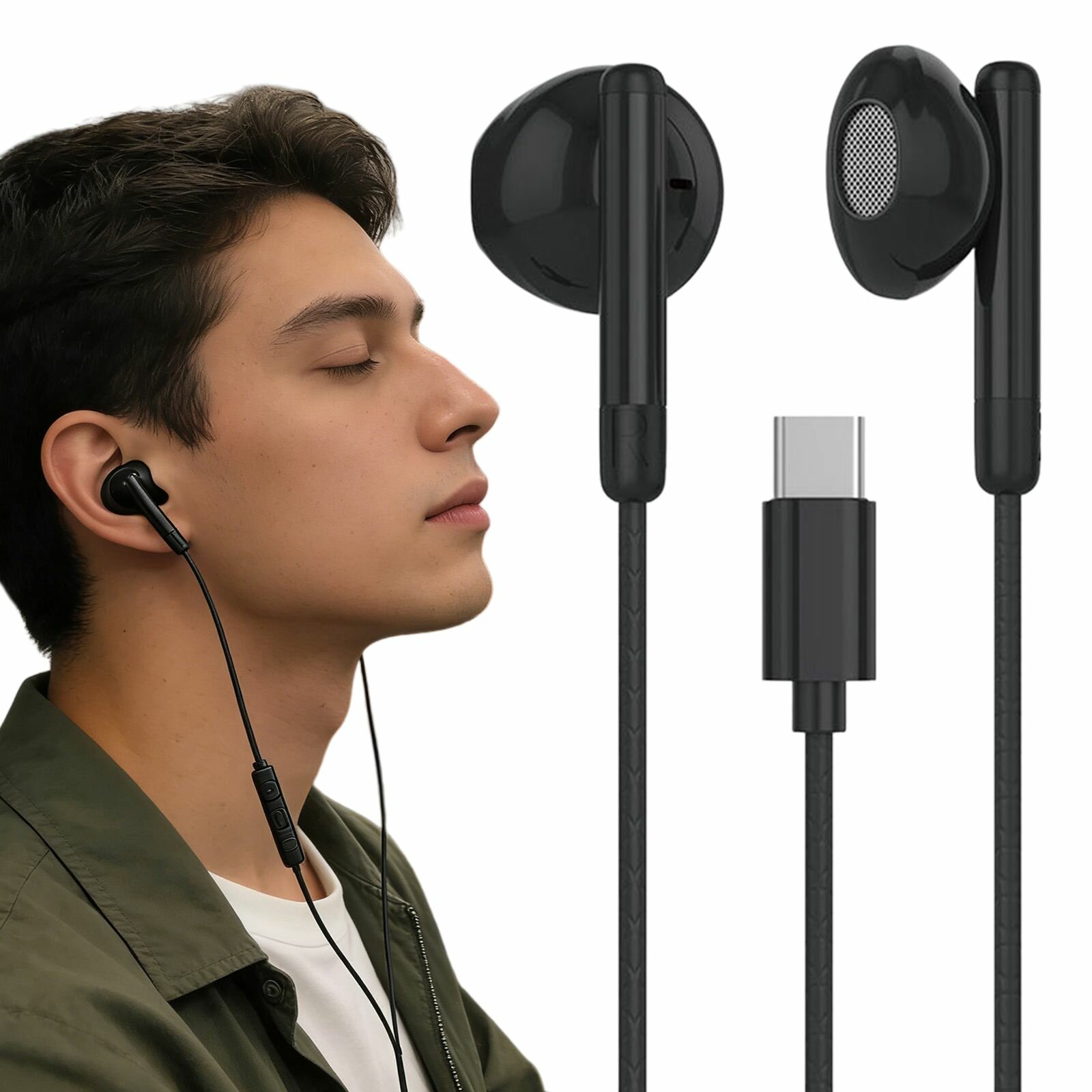 Наушники проводные с микрофоном USB-C наушники полувставные, Радиоканал, USB Type-C, черный
