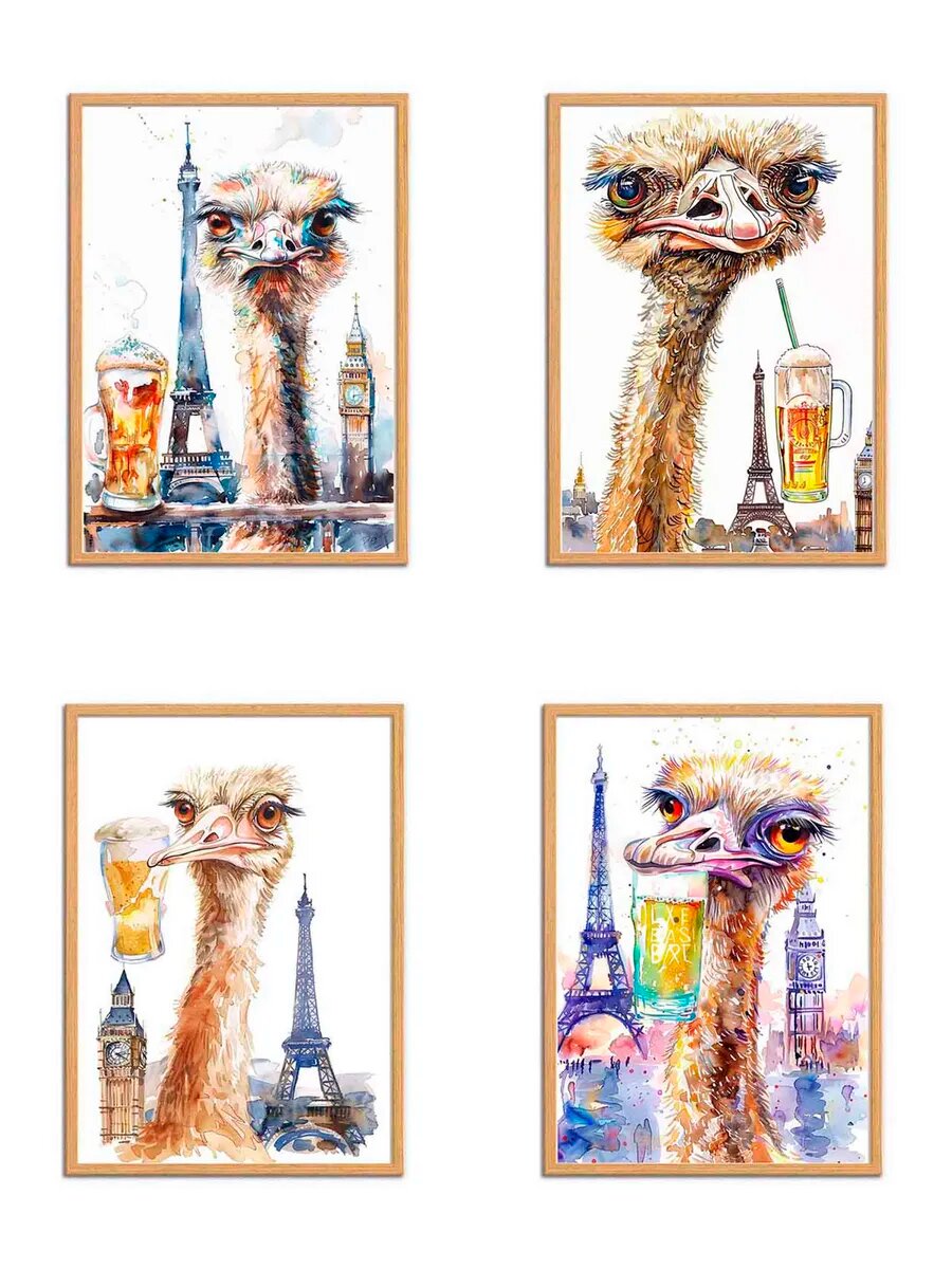 Страус Пьет Пиво, 4 Плаката, 30x21см