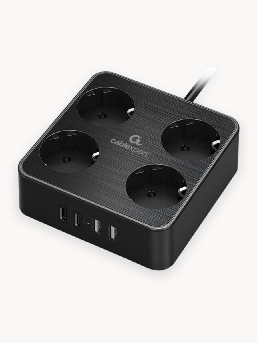 Сетевой фильтр Cablexpert Plate 4 розетки, 10А, 2xType-C PD, 20Вт, 2xUSB, 3м, черный, коробка (PLT-4-C2U2-B-3)