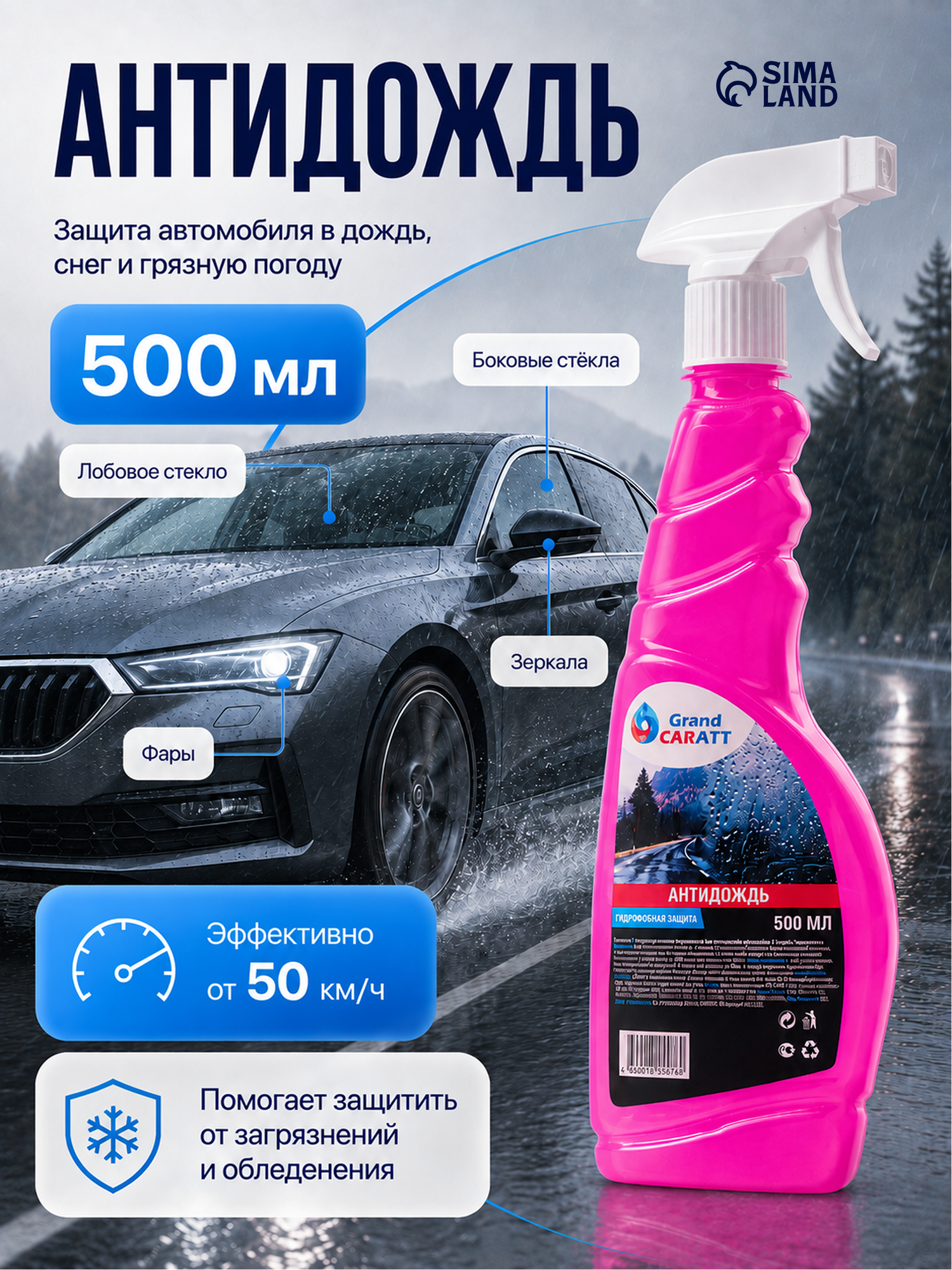 Антидождь Grand Caratt, гидрофобное покрытие, спрей объем 500 мл