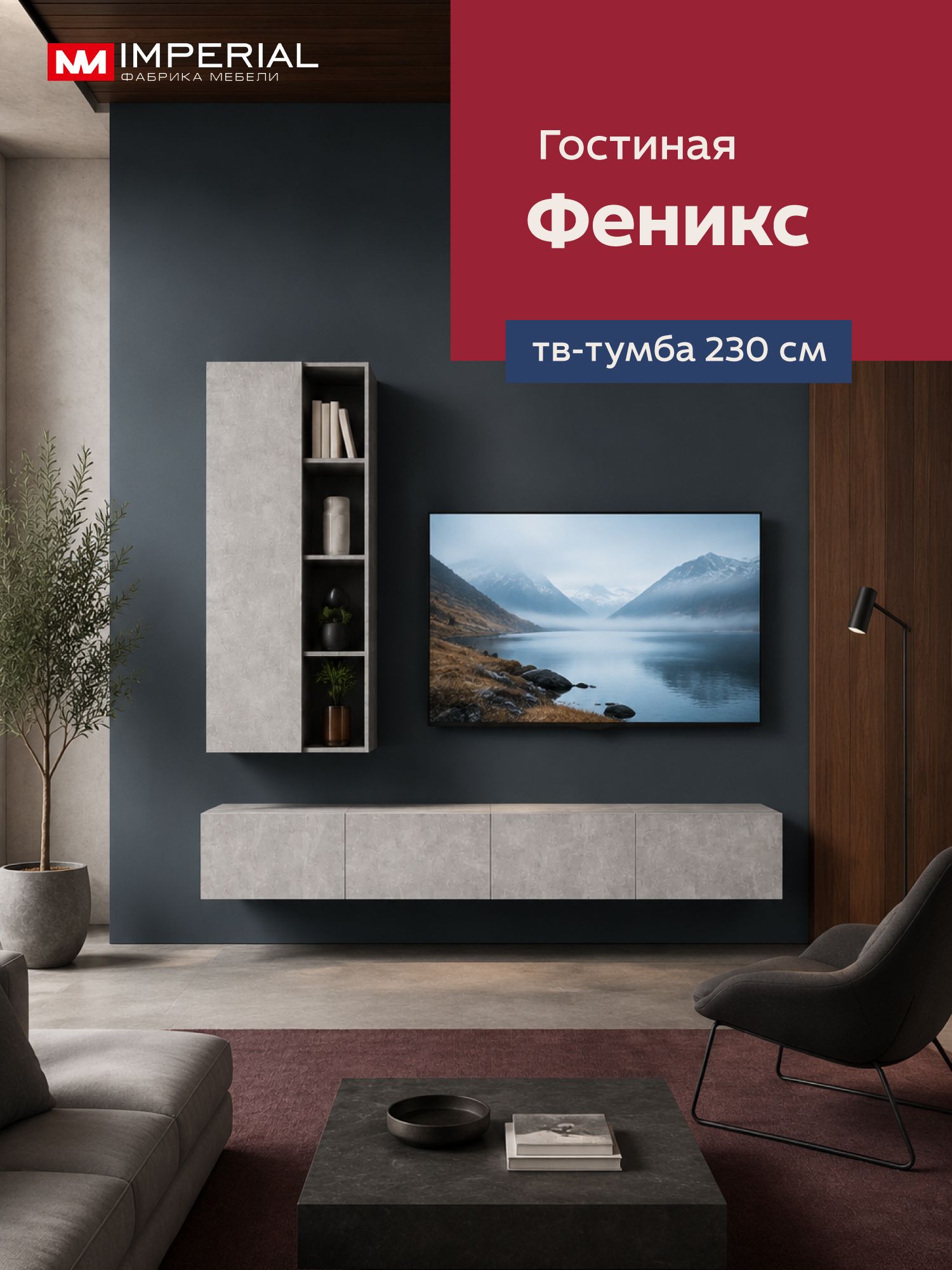Стенка для гостиной Феникс 230х37.4х164 тумба под телевизор, шкаф навесной, бетон