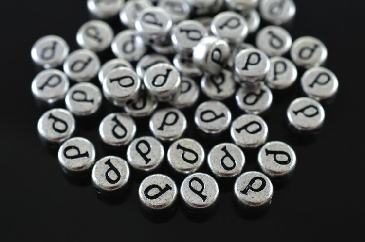 Бусина с русской буквой Р 7х4мм, отверстие 1мм, цвет серебро/черный, 540-156, 2шт