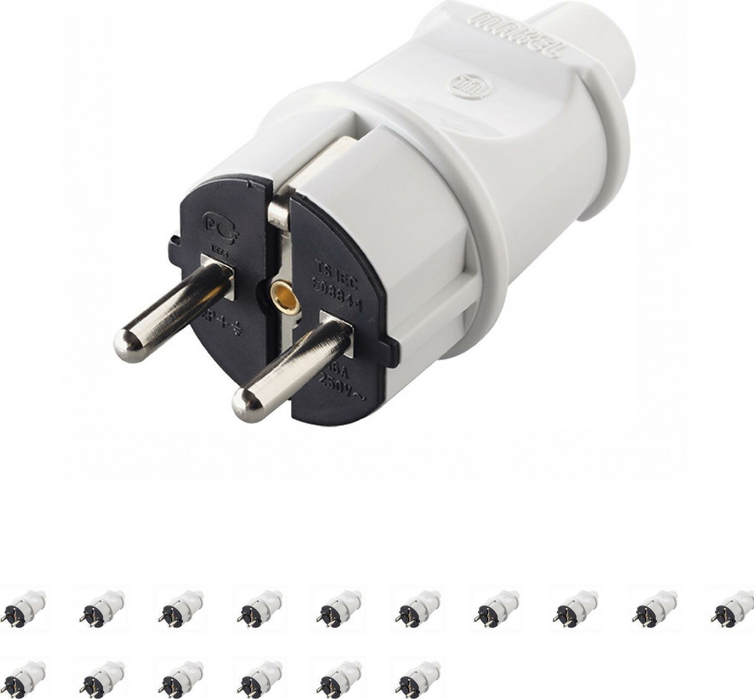 Вилка Makel с заземлением с прямым вводом IP20 белая (комплект из 16 шт)