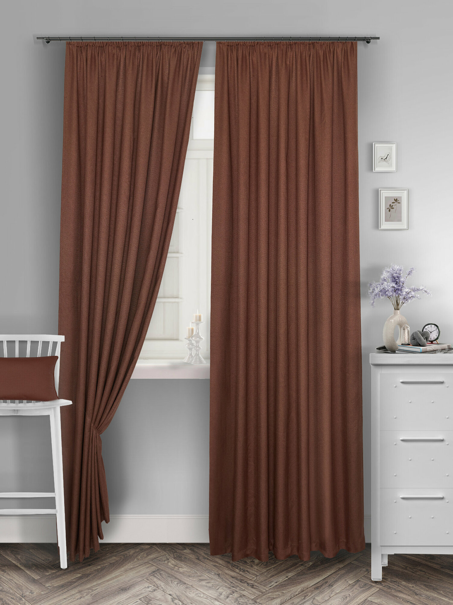 Комплект штор для комнаты блэкаут рогожка, две портьеры общей шириной 400 см и высотой 250 см, коричневый цвет